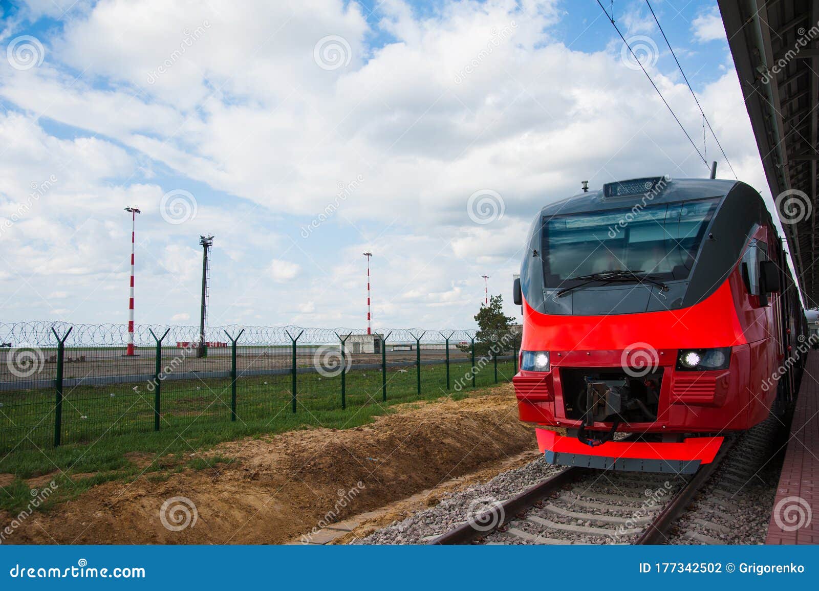 Red Train in Modern Railway Stock Photo - Image of industrial ...