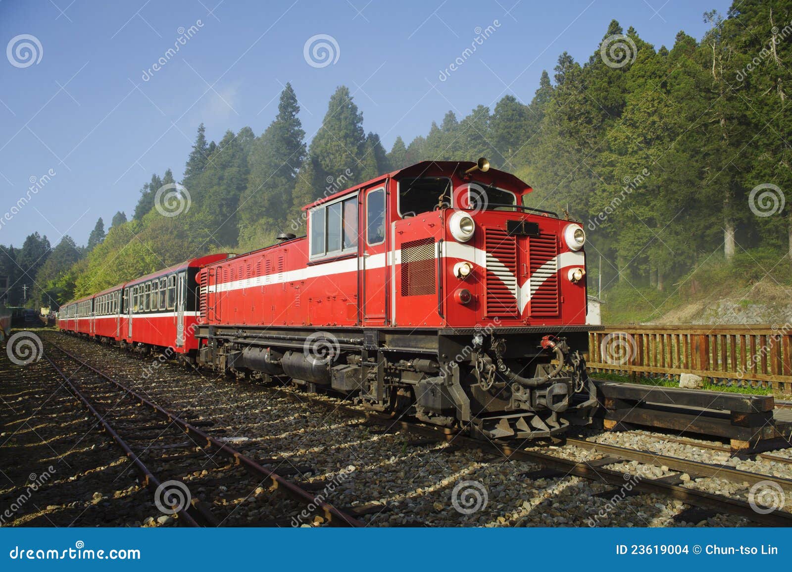 Red Train on Railway Forest in Taiwan Stock Photo - Image of platform ...