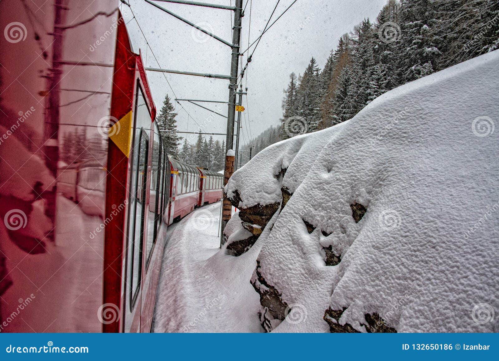 Red Train in the Snow in Swiss Alps Stock Photo - Image of glacier ...