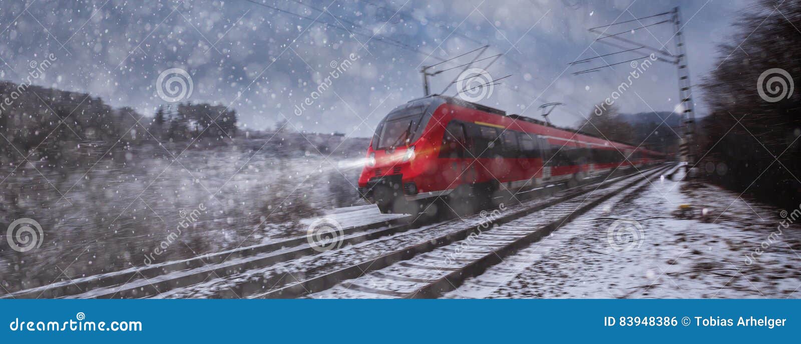 Red Train Speeding in the Snow Stock Photo - Image of electric, motion ...