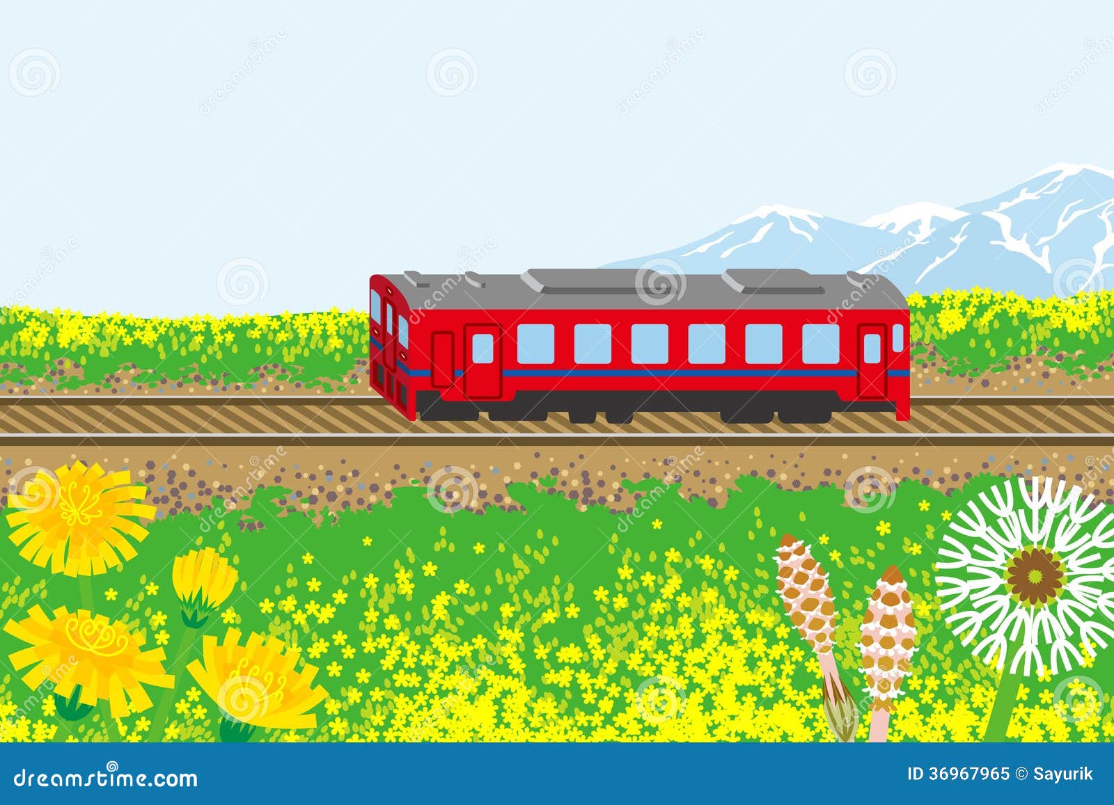 Red train in spring nature stock vector. Illustration of fluff - 36967965