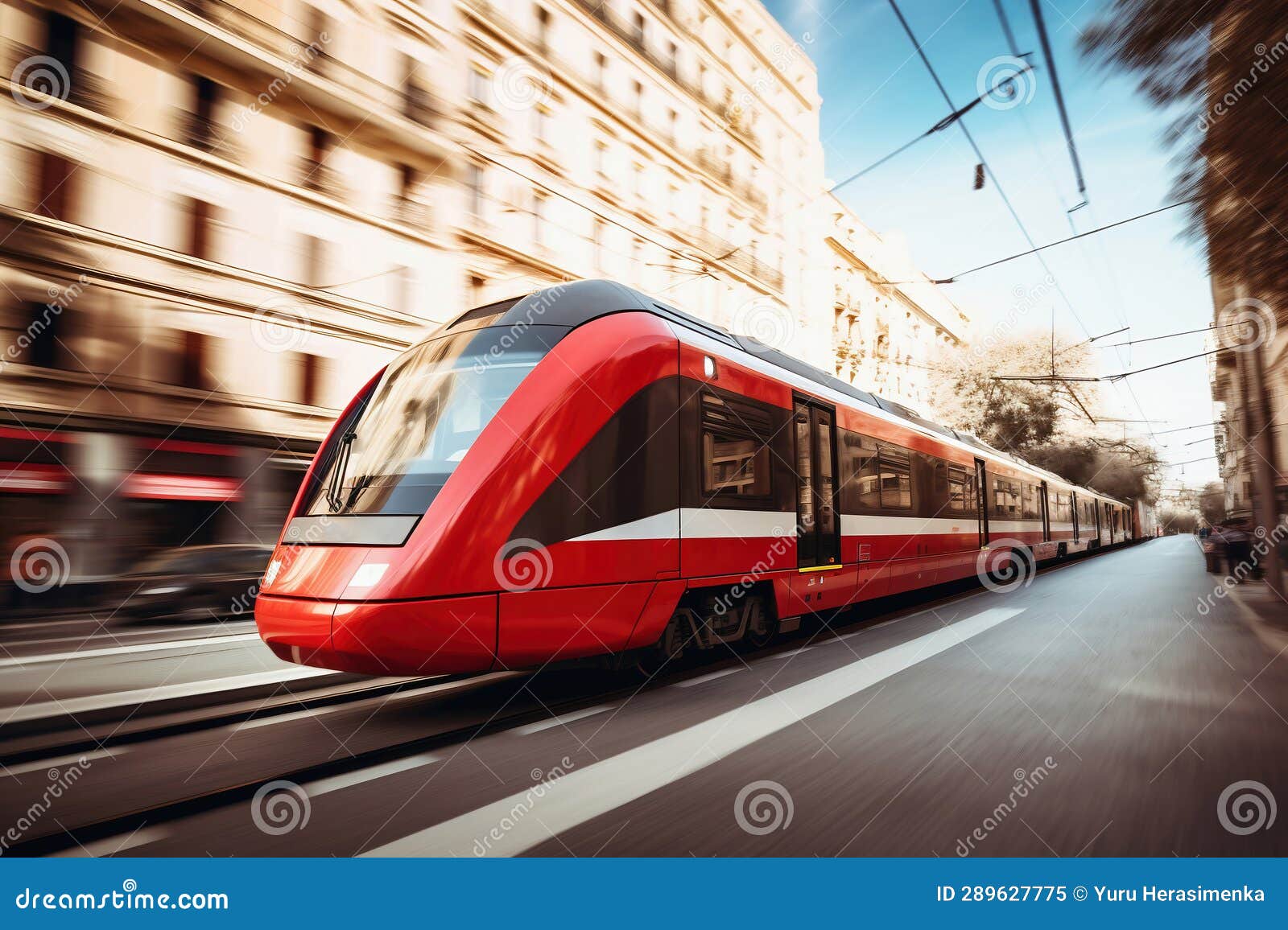 A Red Train Traveling Down Tracks Next To Tall Buildings Stock ...