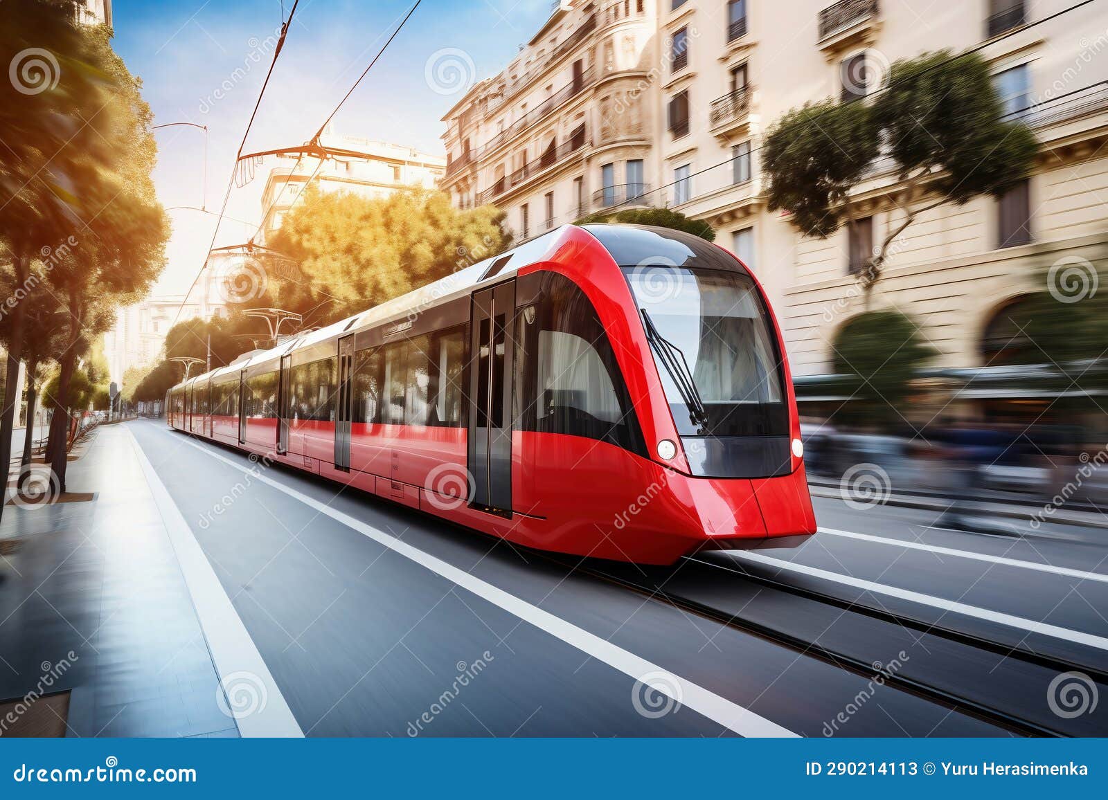 A Red Train Traveling Down Tracks Next To Tall Buildings Stock ...