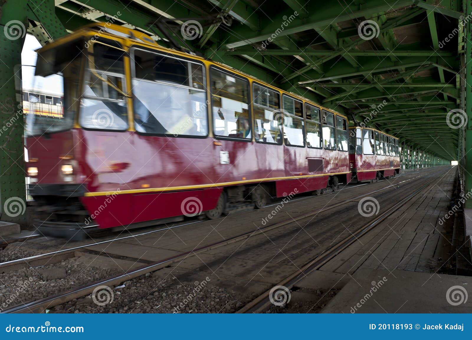 Red Tram in Warsaw on Old Bridge Stock Image - Image of rush, yellow ...