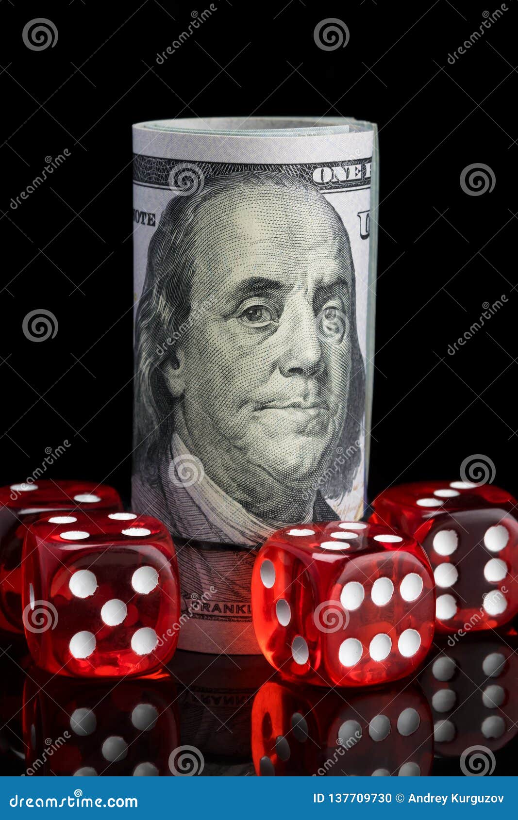 Red Transparent Dice for Gambling and a Stack of Money on a Black ...