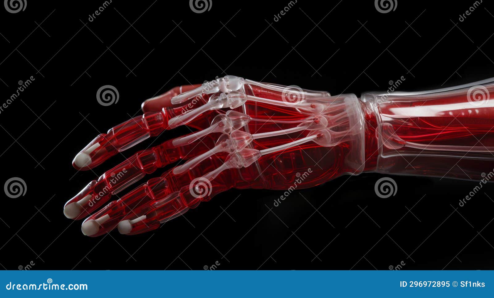Red Transparent Futuristic Bionic Hand Prosthesis with Ligaments, Close ...