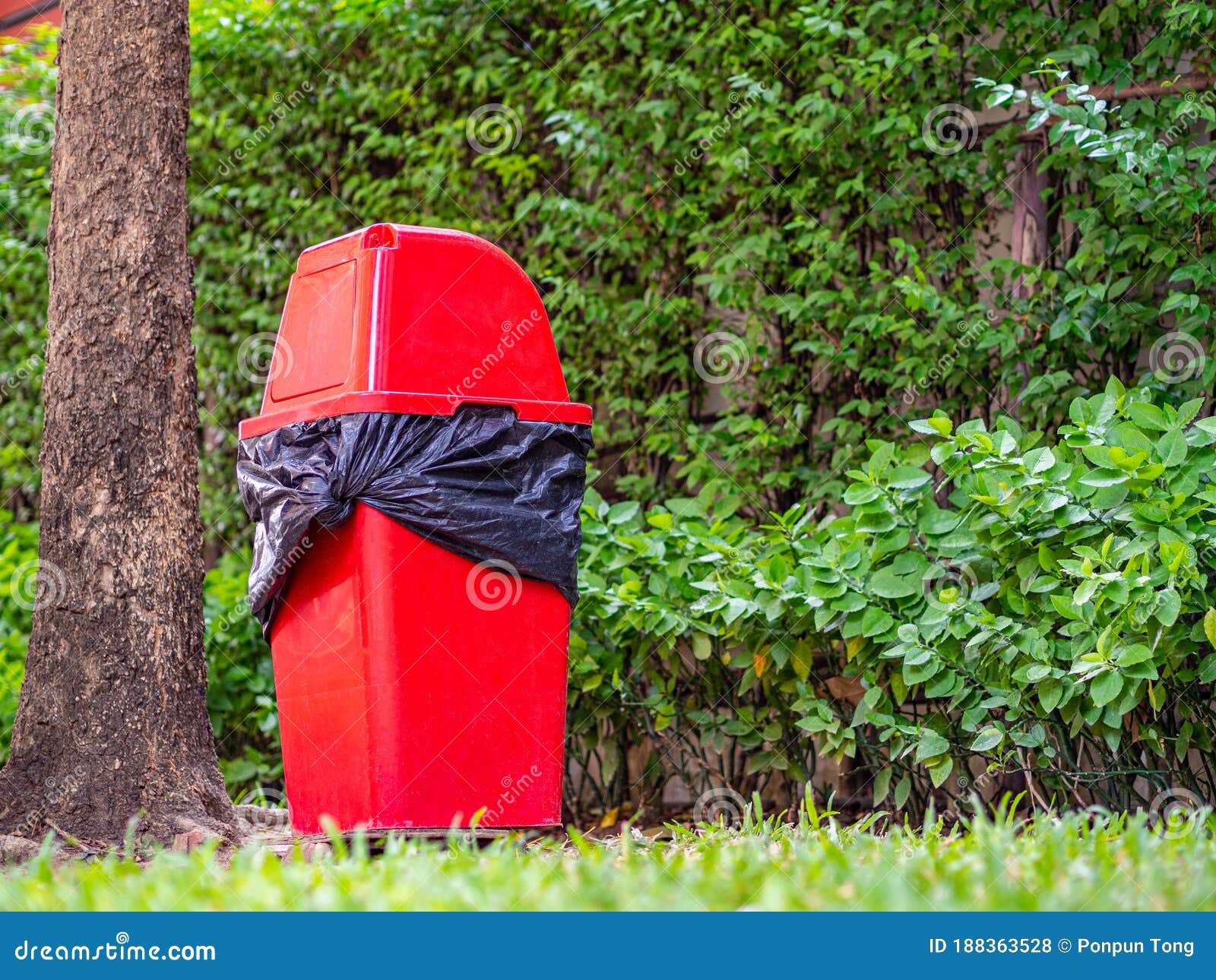 Red trash bin in the park stock photo. Image of metal - 188363528