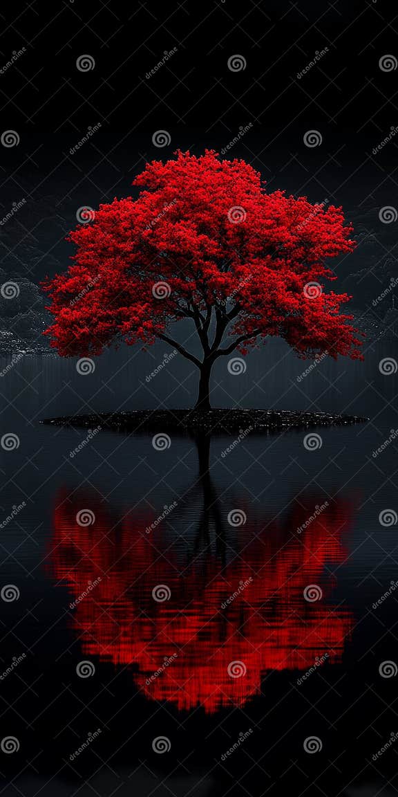 A Red Tree on a Black Lake. Generative AI. Stock Illustration ...