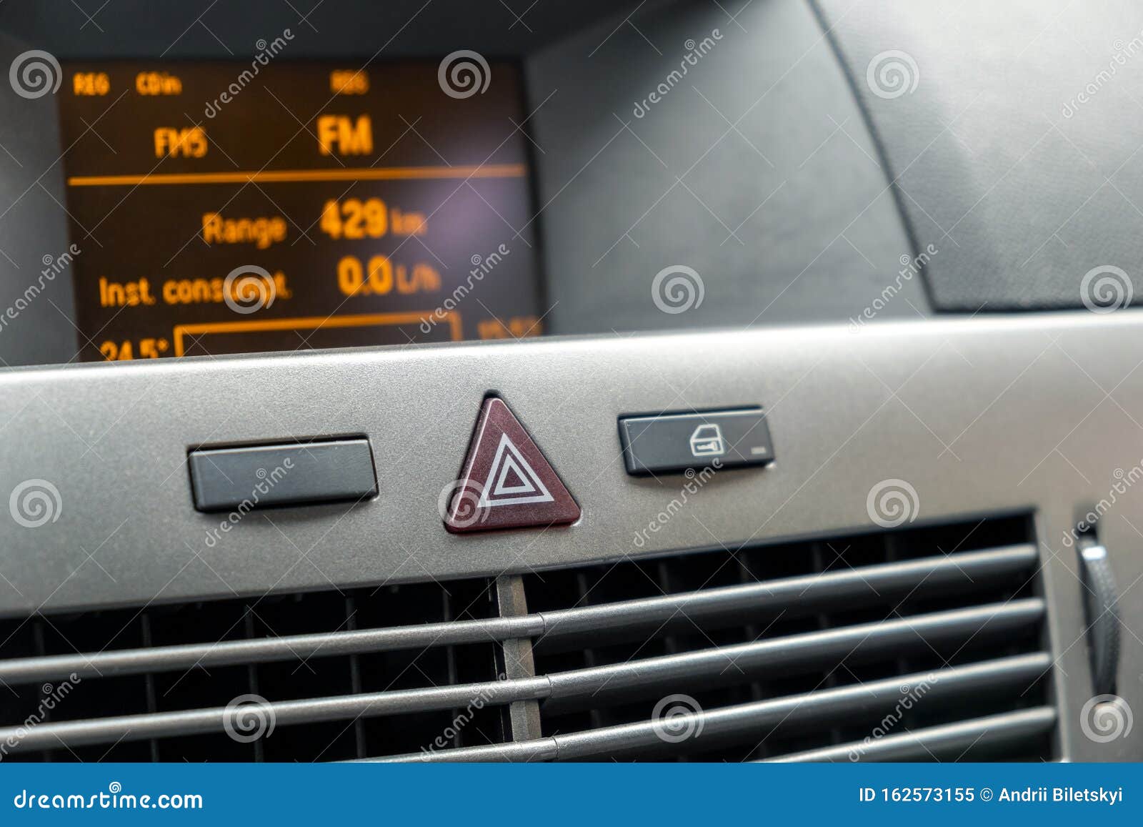 Red Triangle Emergency Button in a Car Interior Stock Image - Image of ...