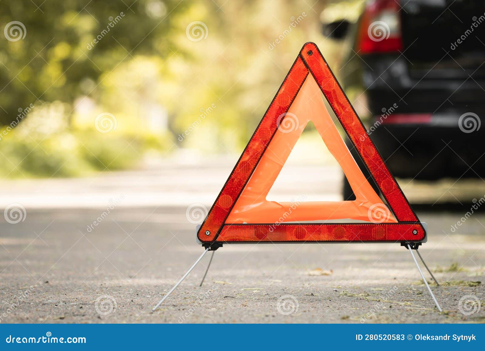 Red Triangle, Red Emergency Stop Sign and Black Car with Technical ...