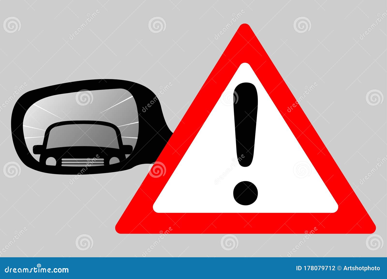 Red Triangle with Exclamation Sign and Rearview Mirrors with Car ...