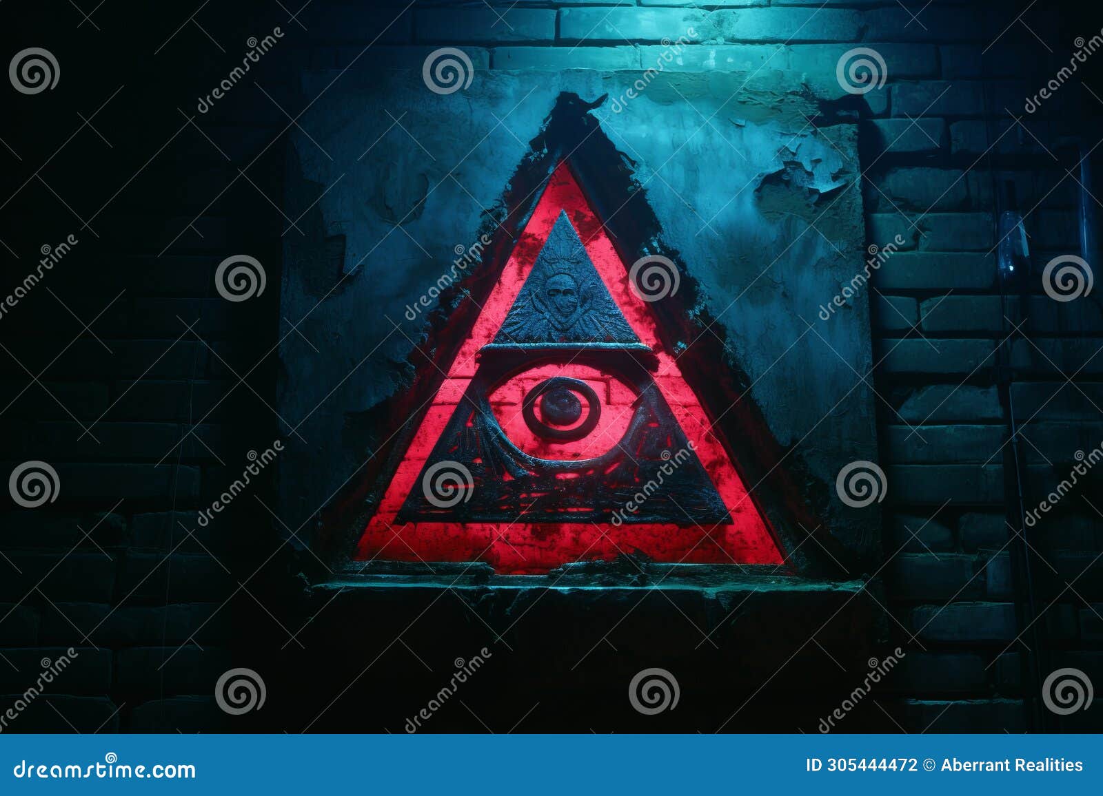 A Red Triangle with an Eye on it in a Dark Room Stock Illustration ...