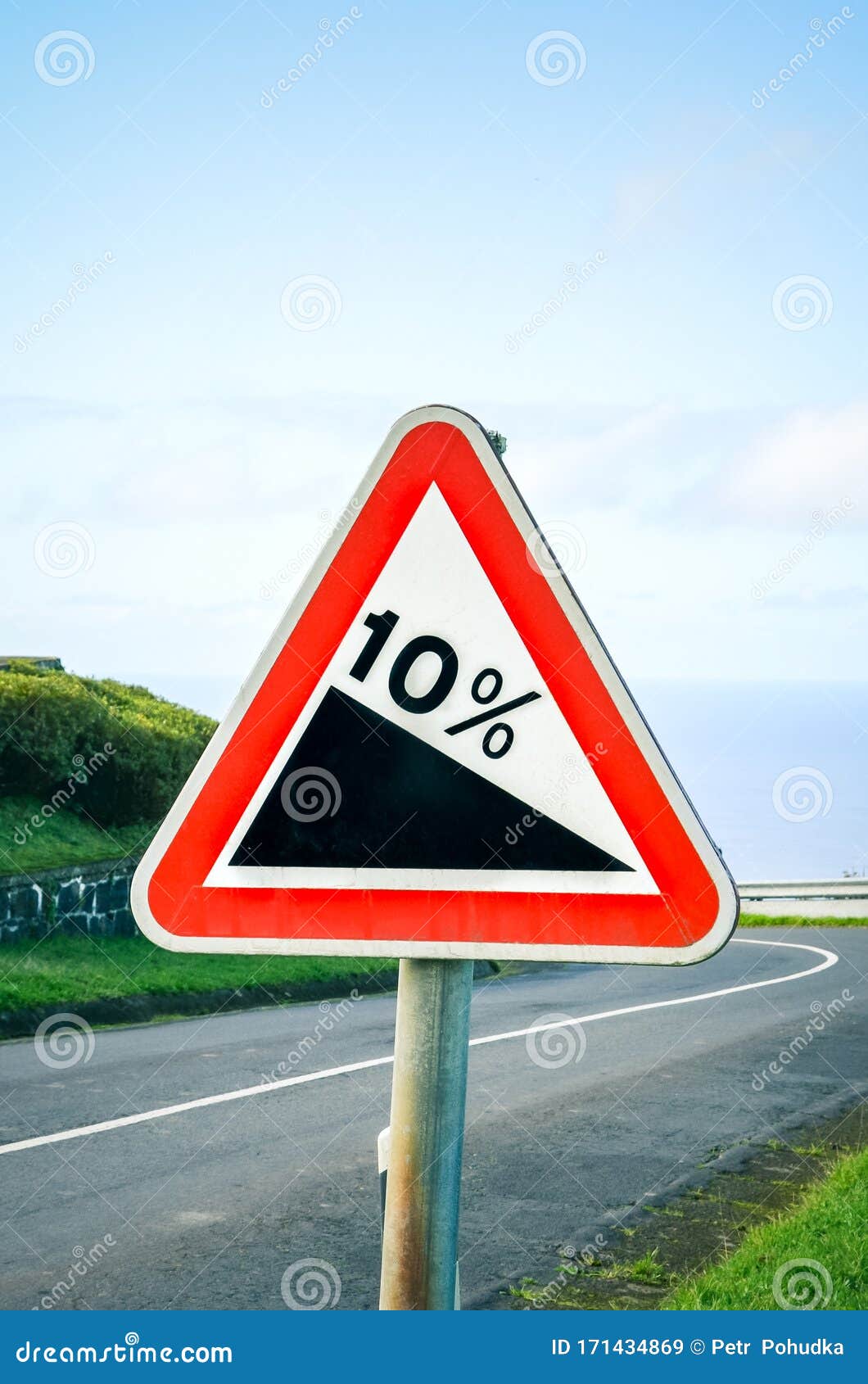 Red Triangle Road Sign Indicating a Steep 10 Percent Downhill Gradient ...