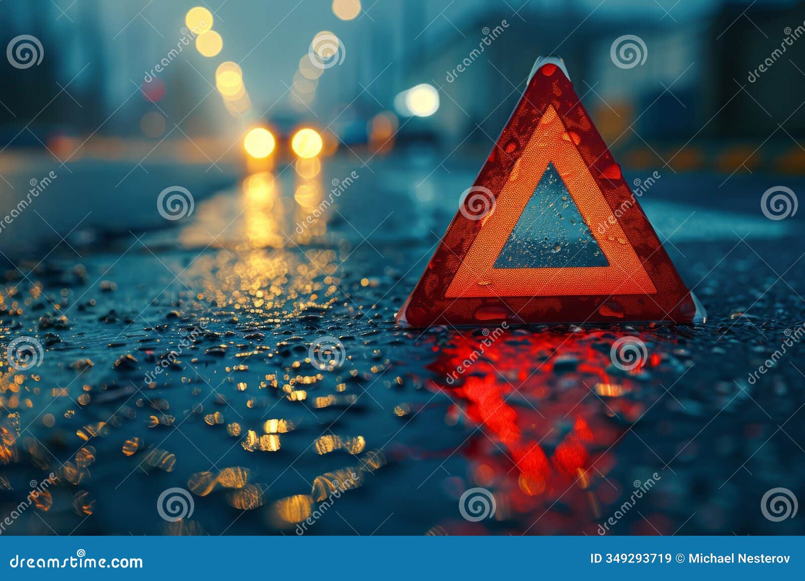 Red Triangle Sign on the Road Near a Broken Down Car and an Accident ...