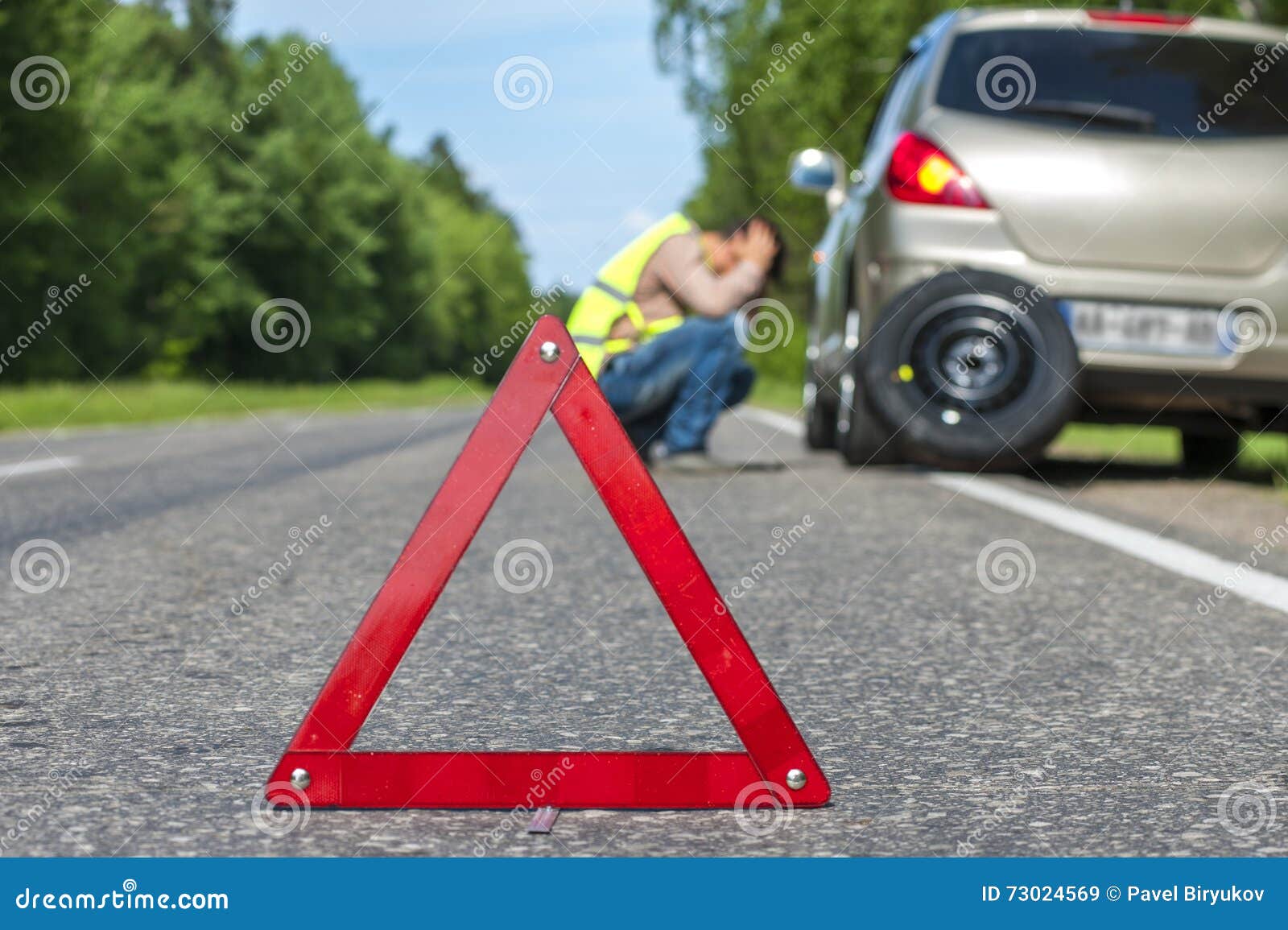 Red Triangle Sign and Sad Man after Car Breakdown Stock Image - Image ...