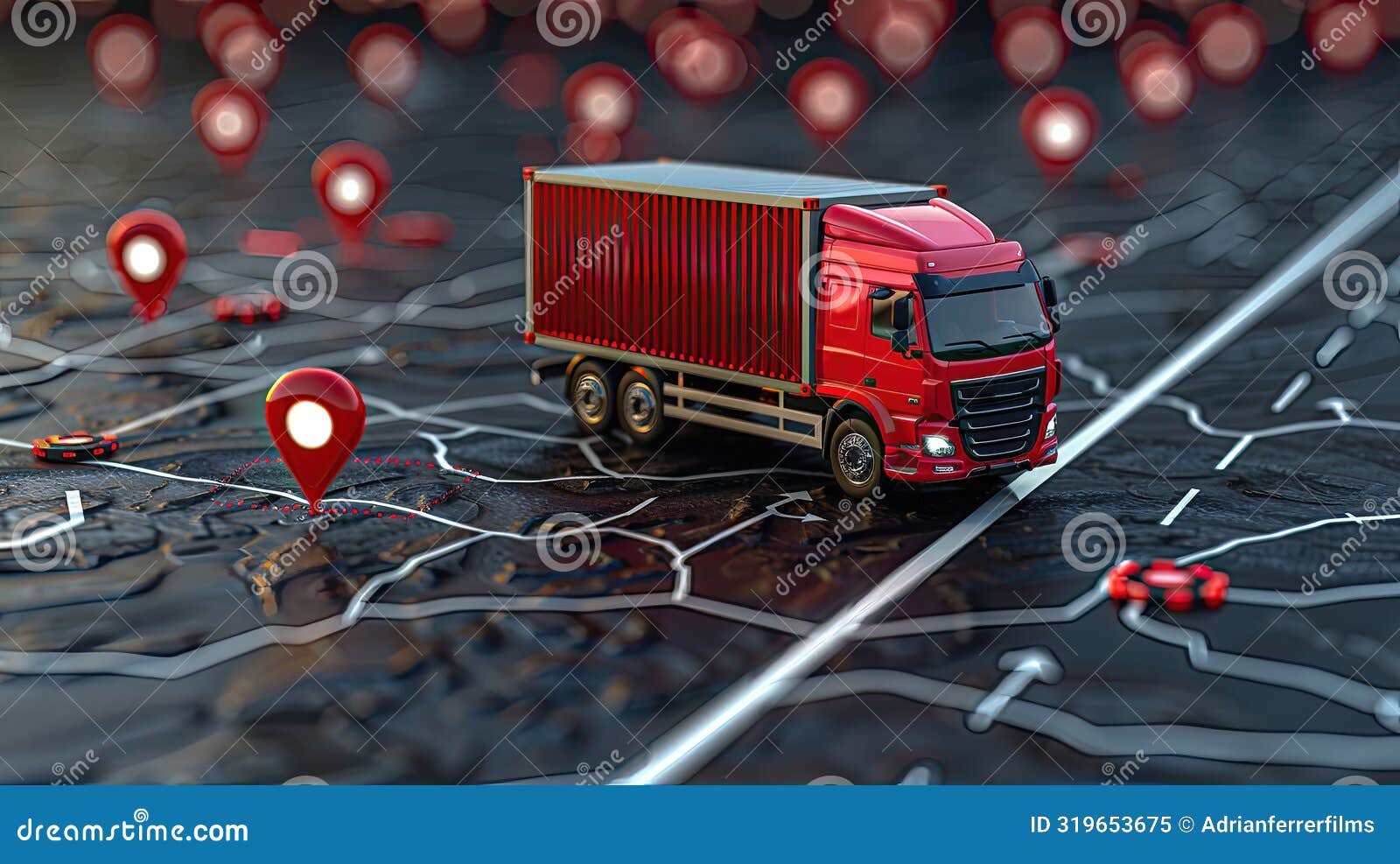 A Red Truck is Driving Down a Road with a Map of the Area in the ...