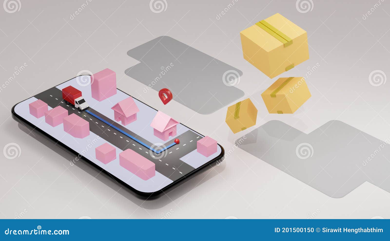 The Red Truck and Map on the Mobile Phone Screen with Falling Parcel ...
