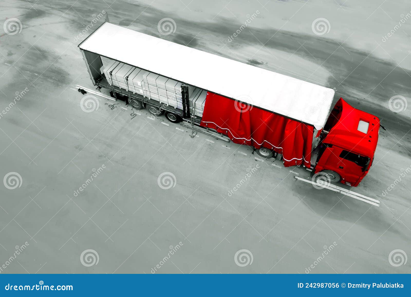 Red Truck at the Stage of Loading Cargo Top View Stock Photo - Image of ...