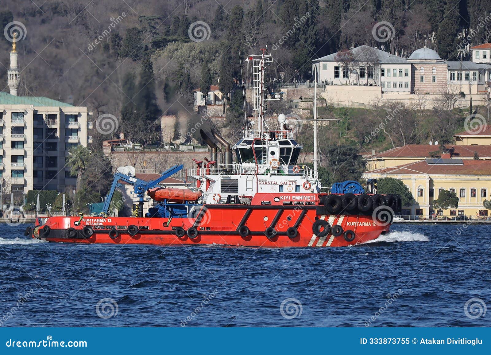 Red Tugboat in Bosphorus with Iconic Istanbul Bridge in Background ...