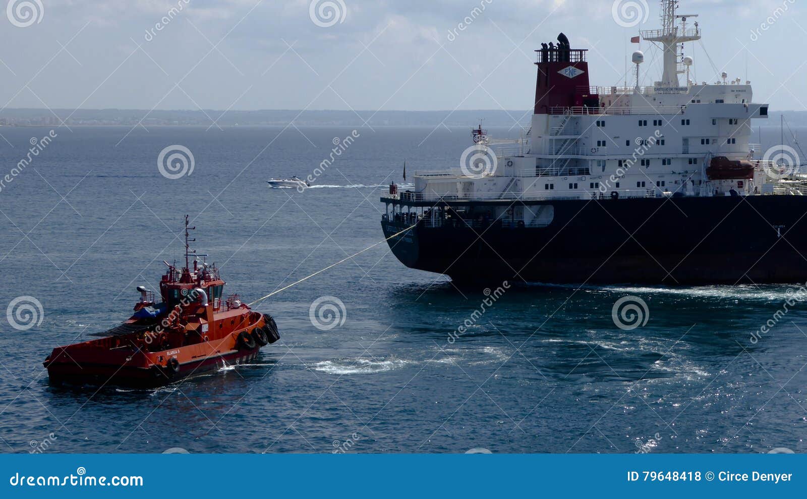 Red Tugboat Pulling a Ship editorial stock photo. Image of tugboat ...