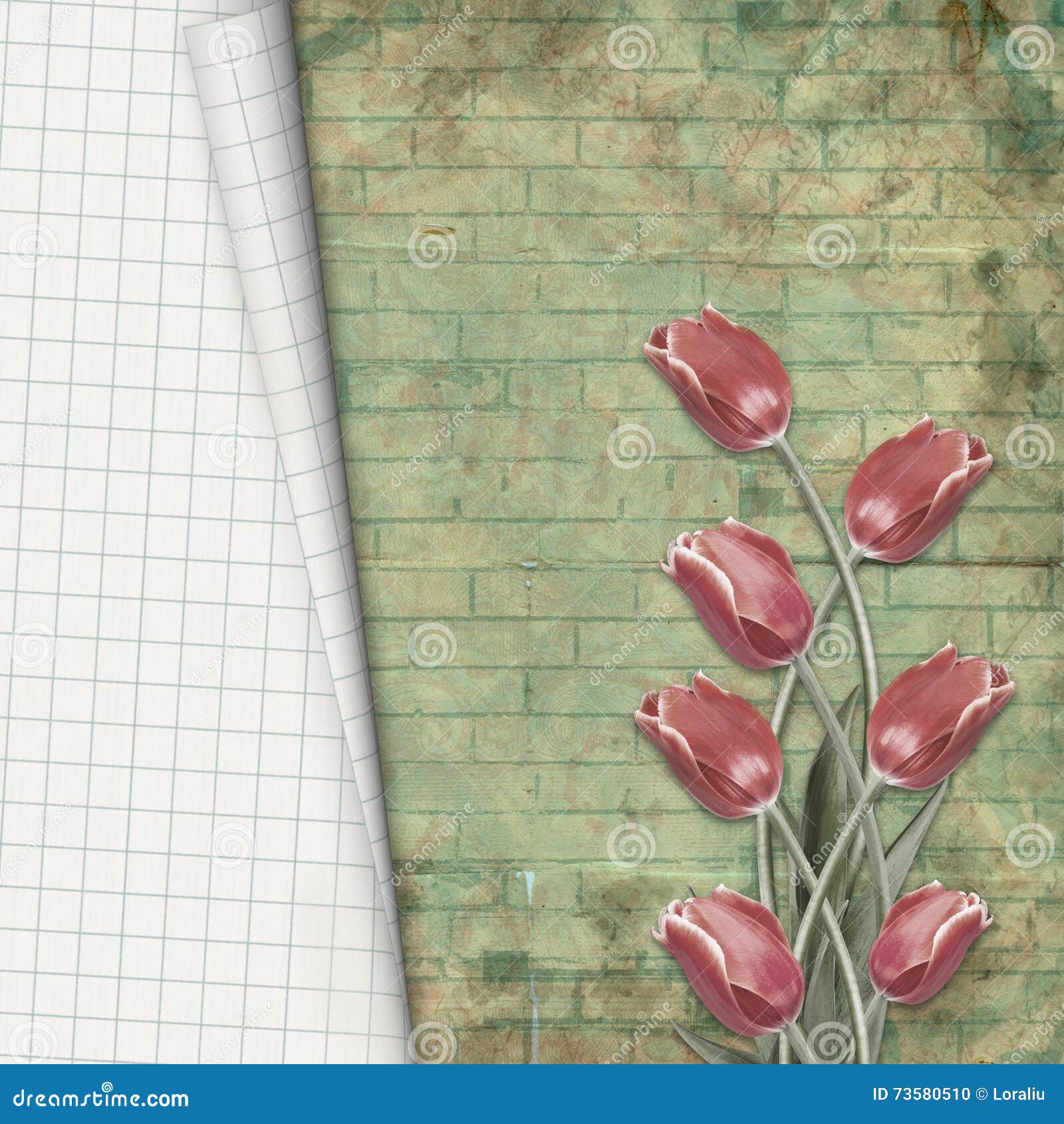 Red Tulips with Notebook Sheet on Background Brick Wall Stock ...