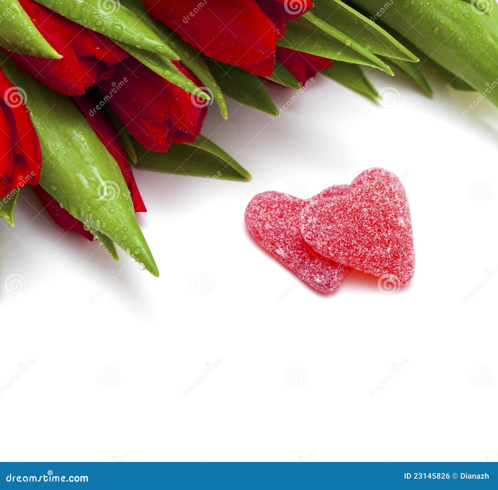 Red Tulips and Two Heart-shaped Candies Stock Photo - Image of copy ...