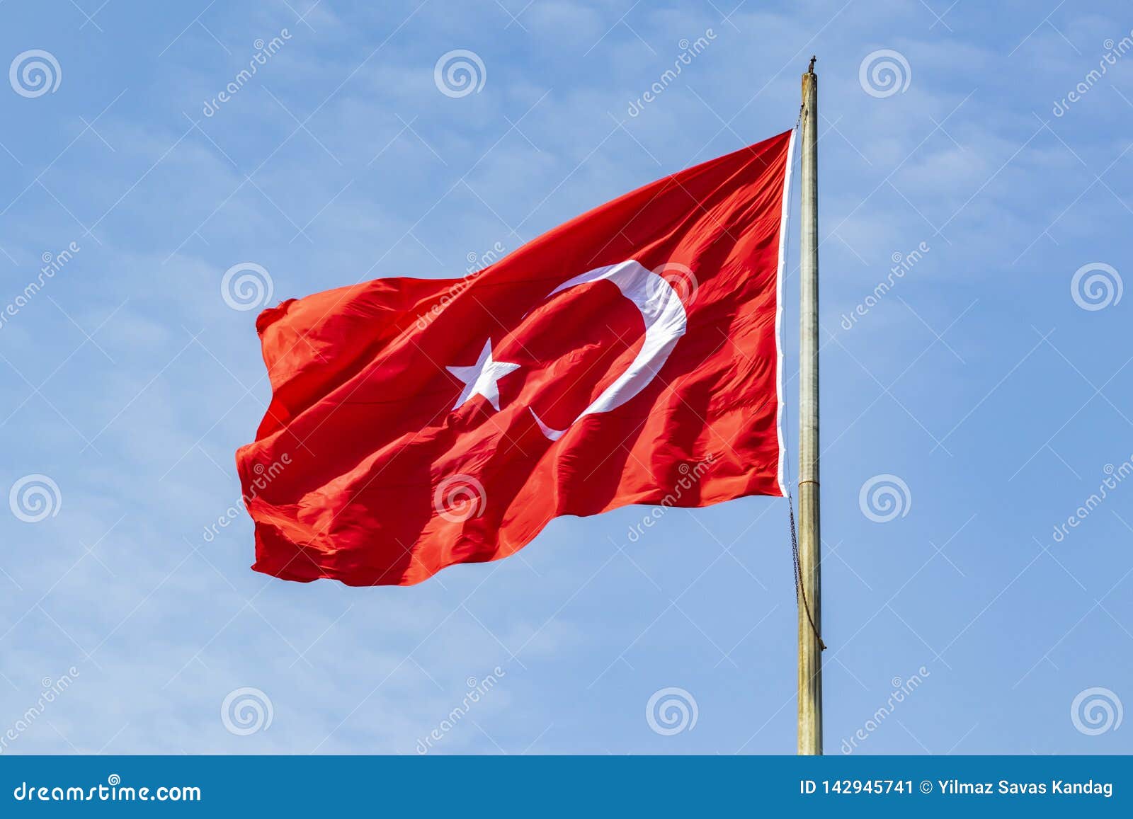 Red Turkish Flag with Moon and Star on Flagpole Stock Image - Image of ...