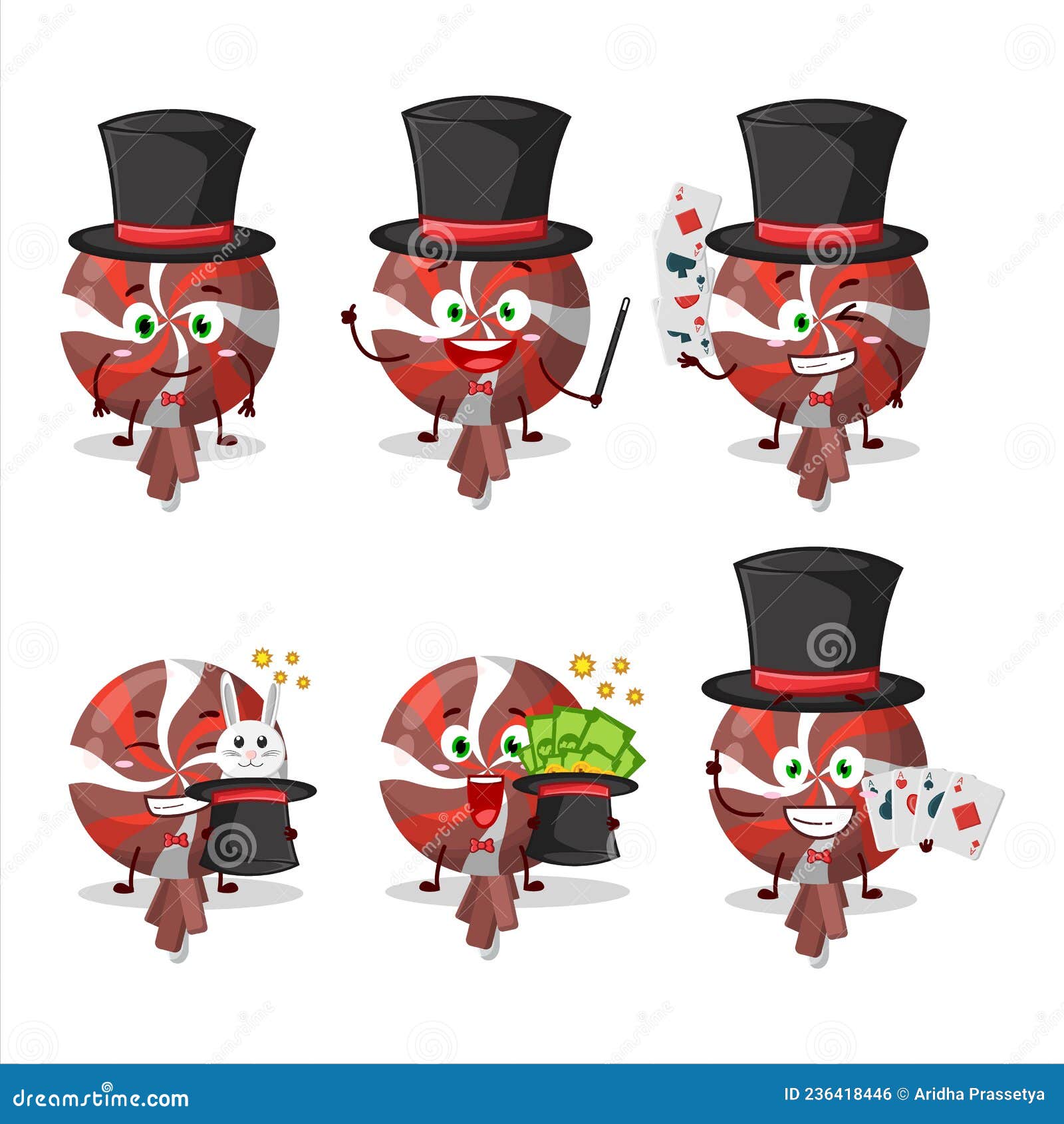 A Red Twirl Lolipop Wrapped Magician Cartoon Character Perform on a ... A Red Twirl Lolipop Wrapped Magician Cartoon Character Perform on a ...