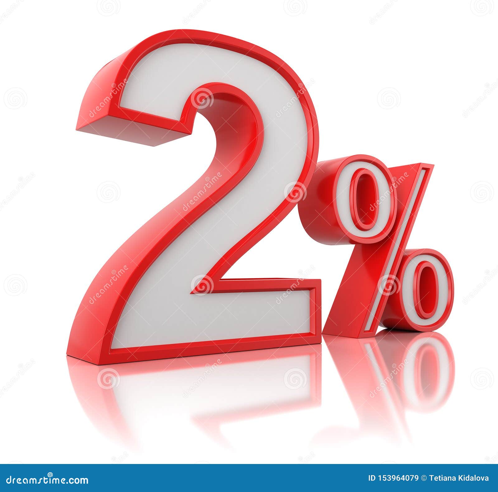 Red Two Percent on White Reflective Background. 3d Rendering ...