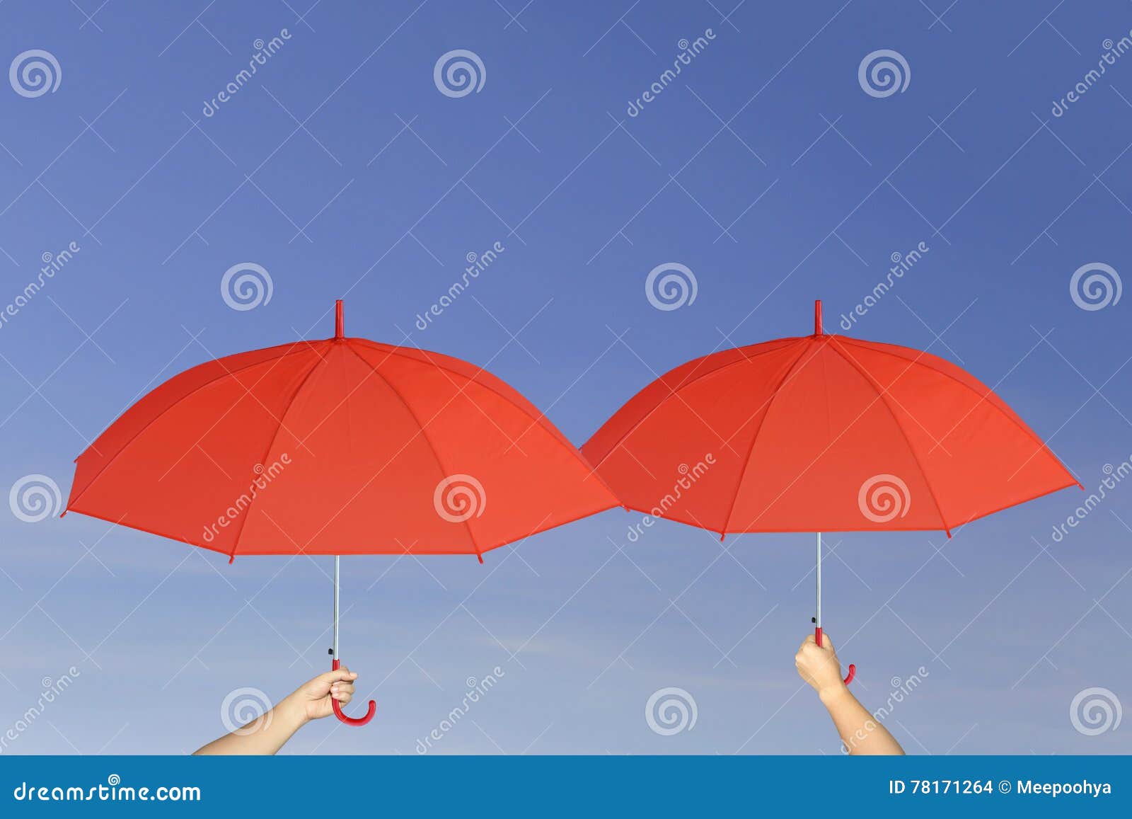 Red Umbrella in Hand on Blue Sky Background. Stock Photo - Image of ...