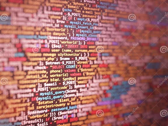 Red Unique Background. Programming PHP on Laptop Computer Screen. Program Code PHP HTML CSS of ...