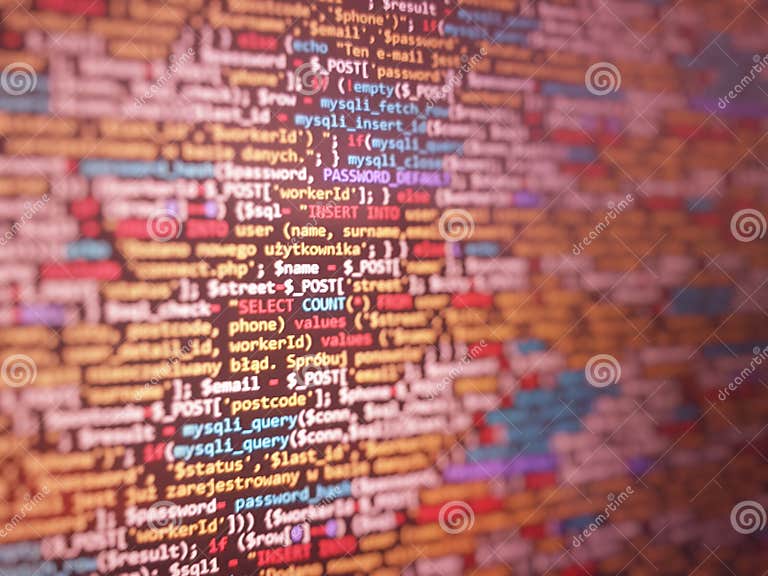 Red Unique Background. Programming PHP on Laptop Computer Screen. Program Code PHP HTML CSS of ...