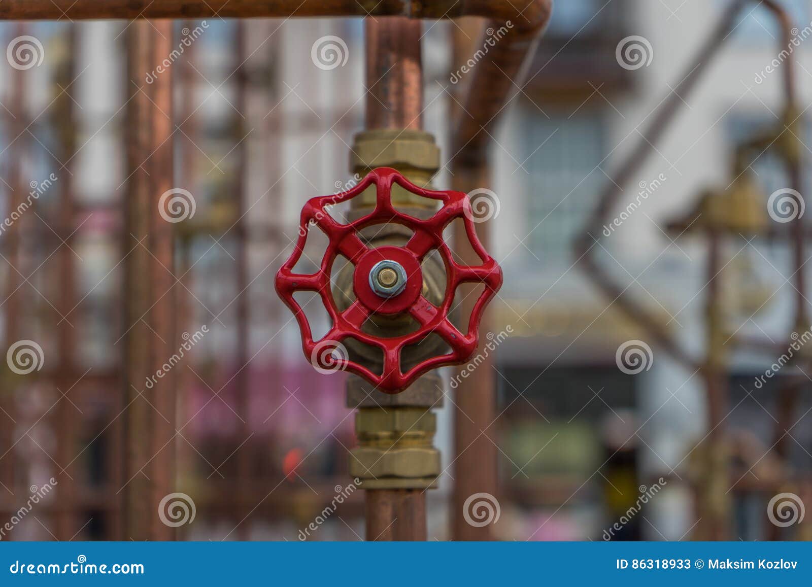 Red Valve on Copper Pipe Construction in Outdoor Stock Image - Image of ...