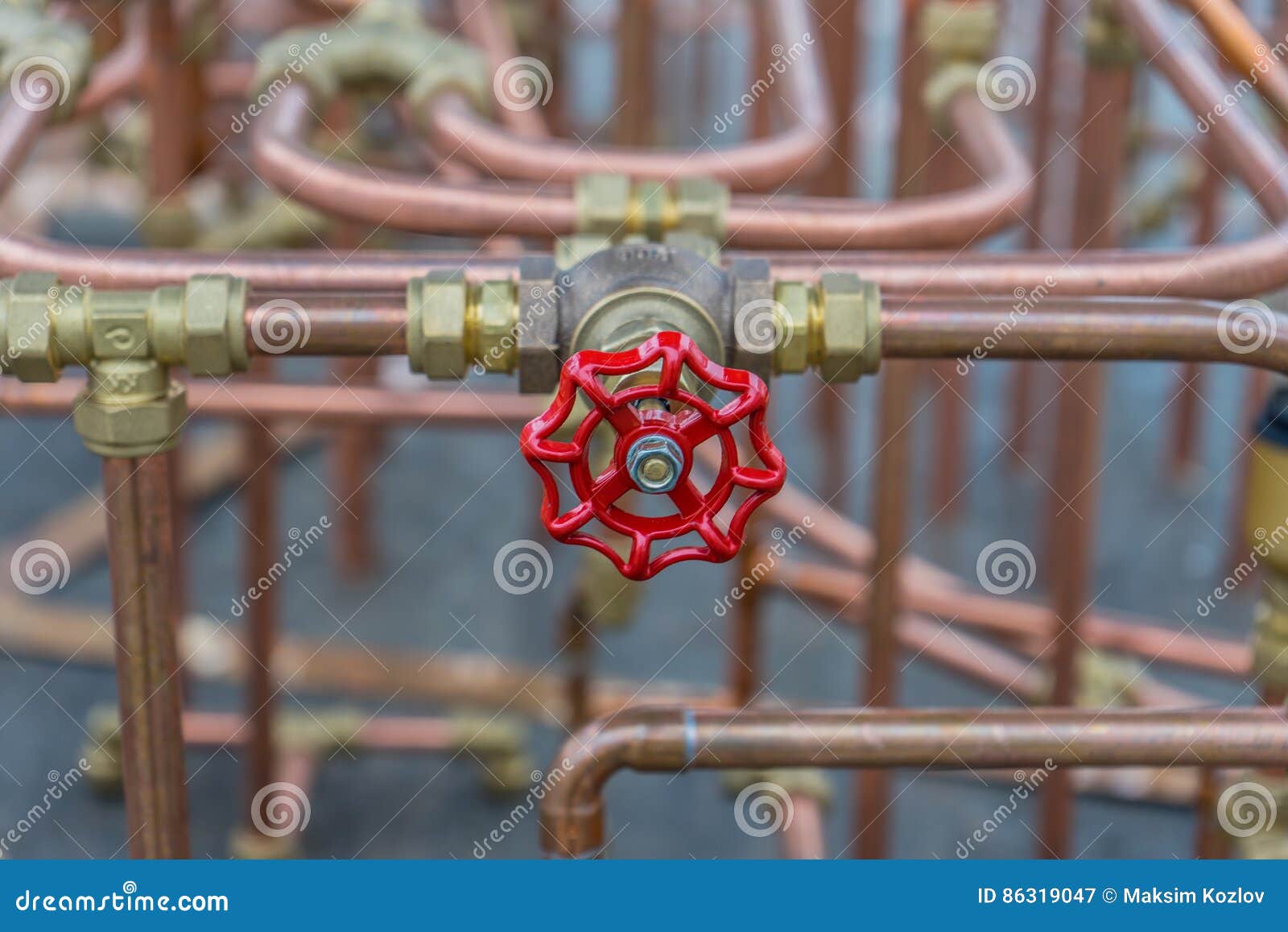 Red Valve on Copper Pipe Construction in Outdoor Stock Image - Image of ...