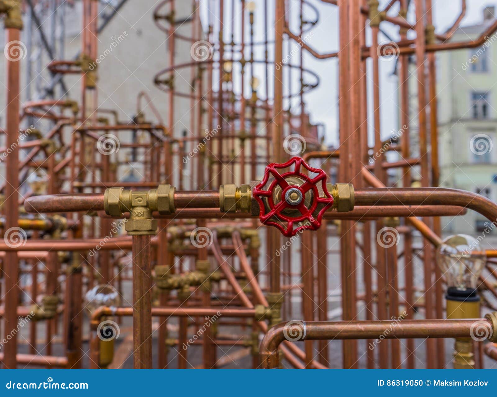 Red Valve on Copper Pipe Construction in Outdoor Stock Photo - Image of ...