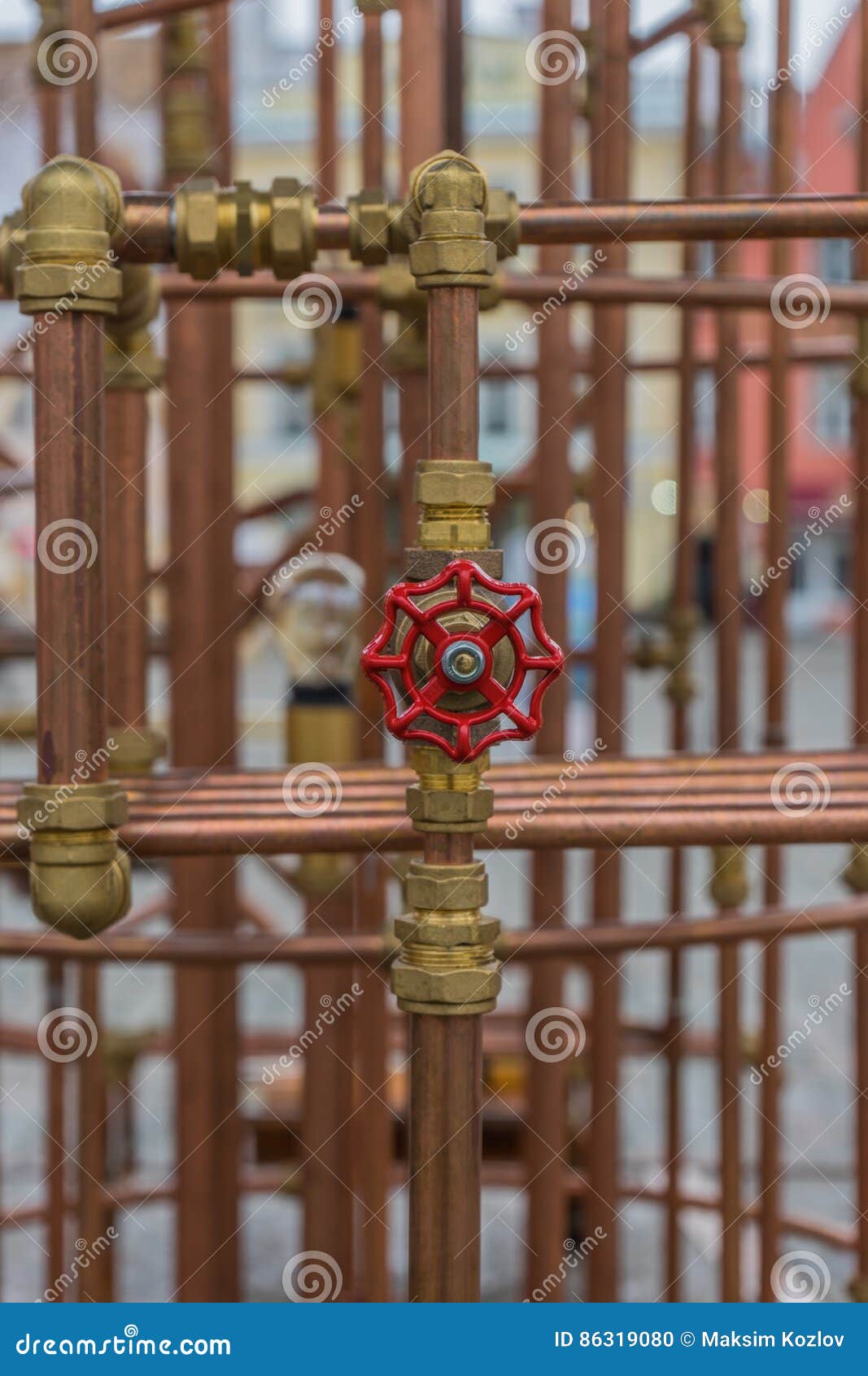 Red Valve on Copper Pipe Construction in Outdoor Stock Photo - Image of ...