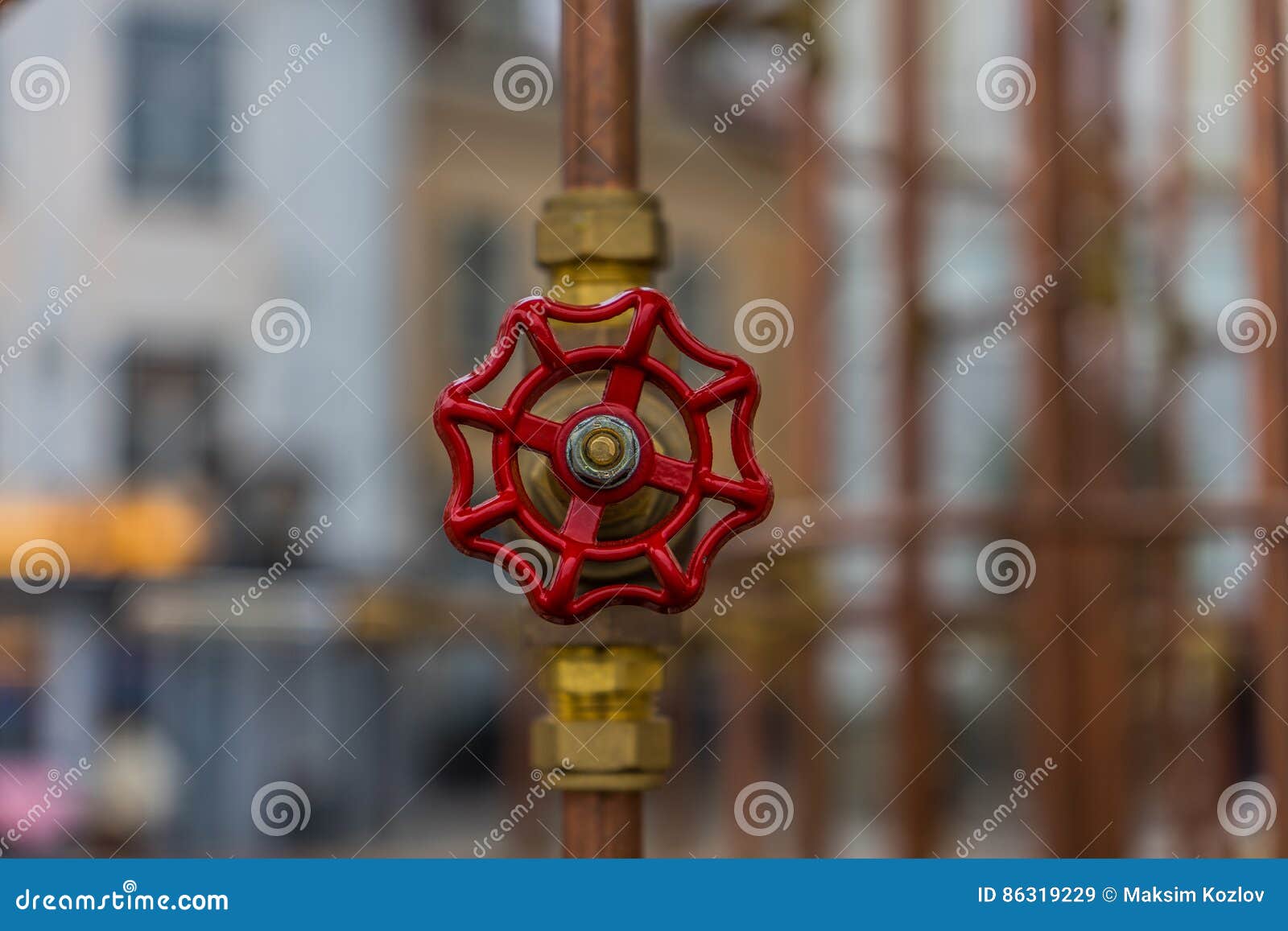 Red Valve on Copper Pipe Construction in Outdoor Stock Image - Image of ...