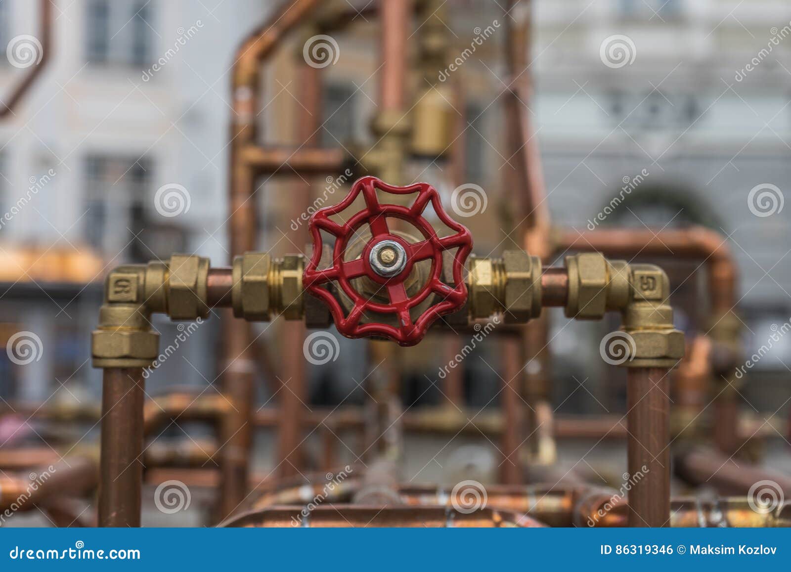 Red Valve on Copper Pipe Construction in Outdoor Stock Photo - Image of ...