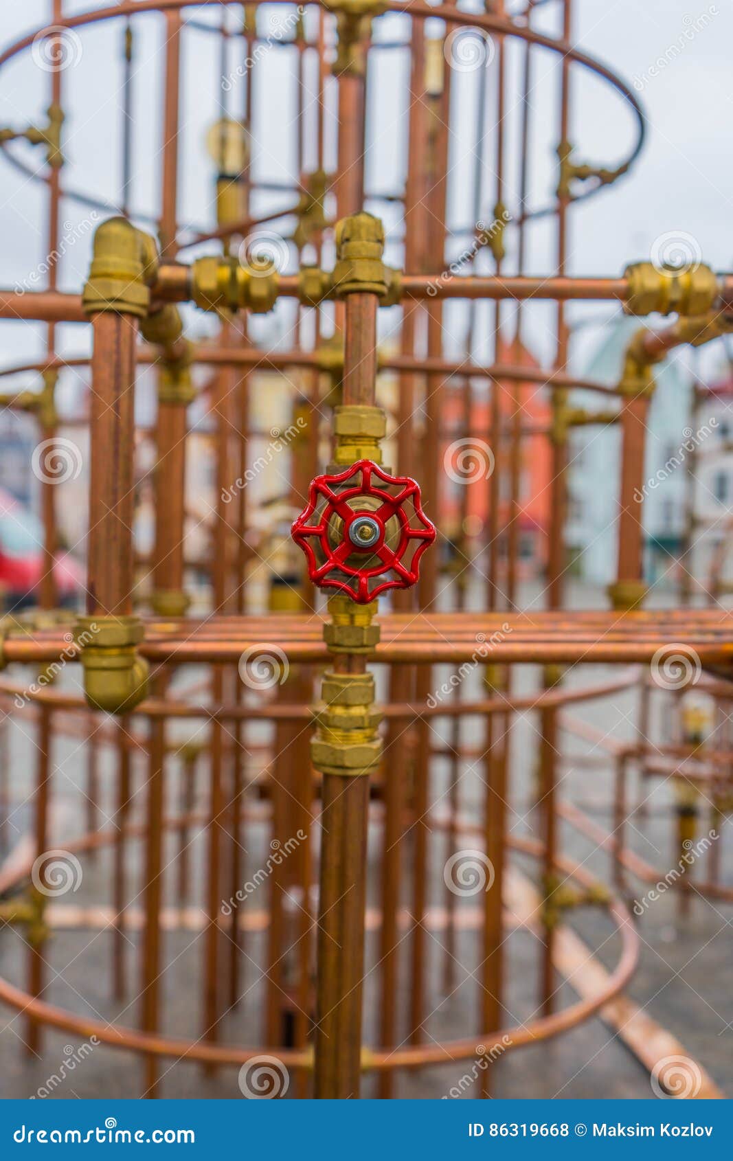 Red Valve on Copper Pipe Construction in Outdoor Stock Photo - Image of ...