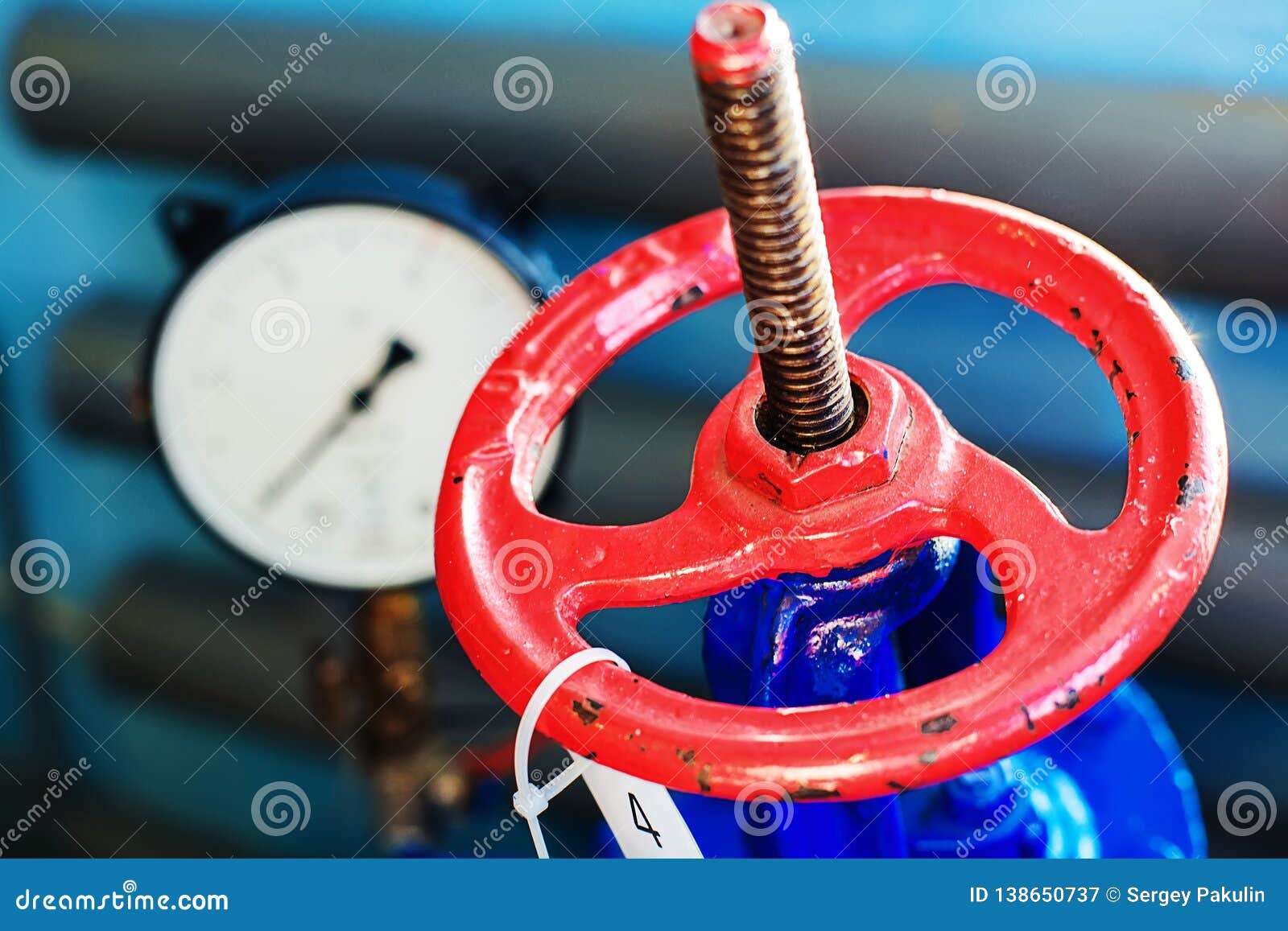 Red Valve and Pressure Sensor on the Gas Supply or Heating Pipe Stock ...