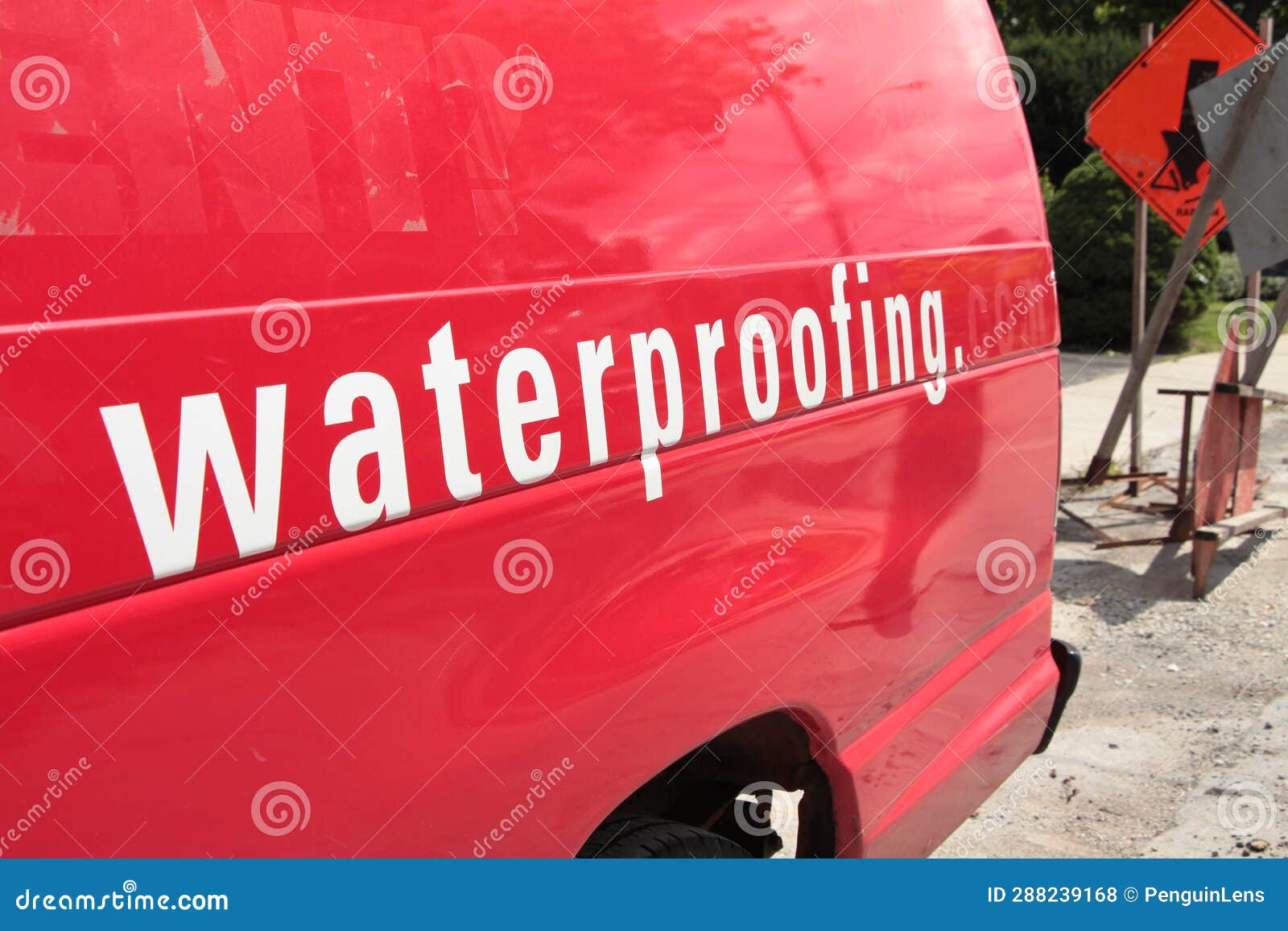 Red Van with Word Caption Text Writing Waterproofing Written on the ...
