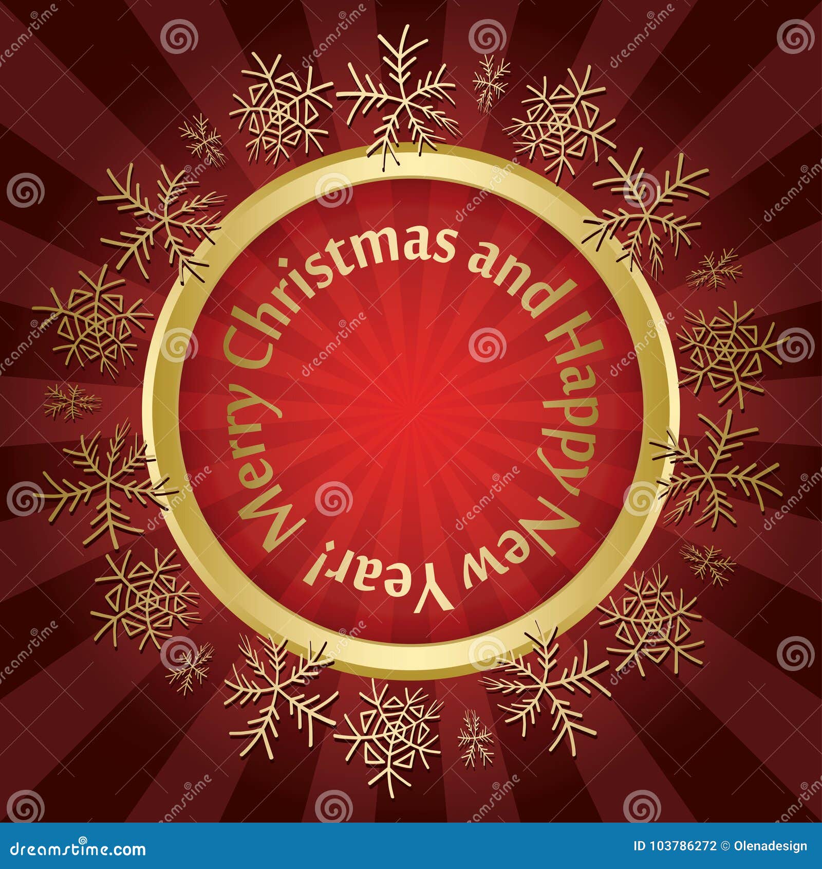 Red Vector Christmas Card with Round Gold Frame and Snowflakes Stock ...