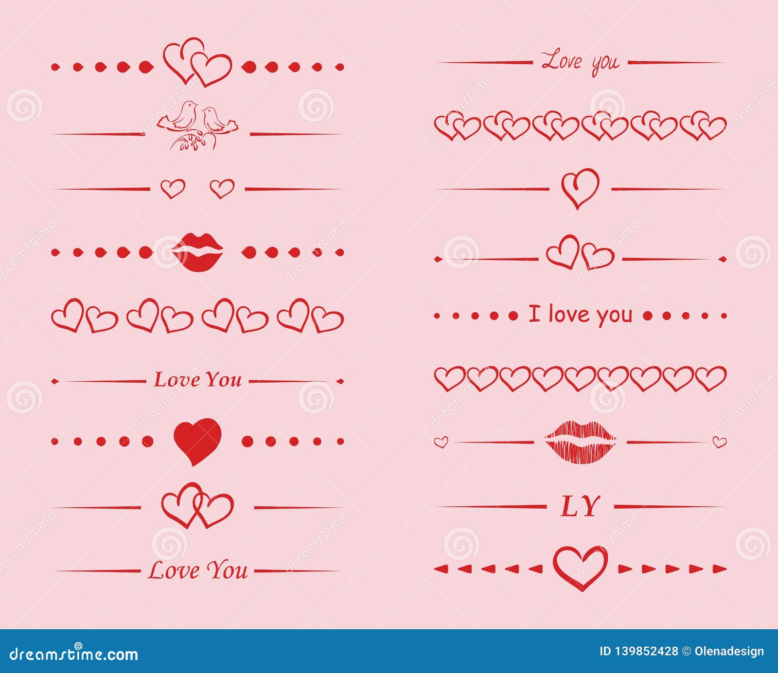 Red Vector Dividers with Hearts and Lips for Romantic Cards Stock ...