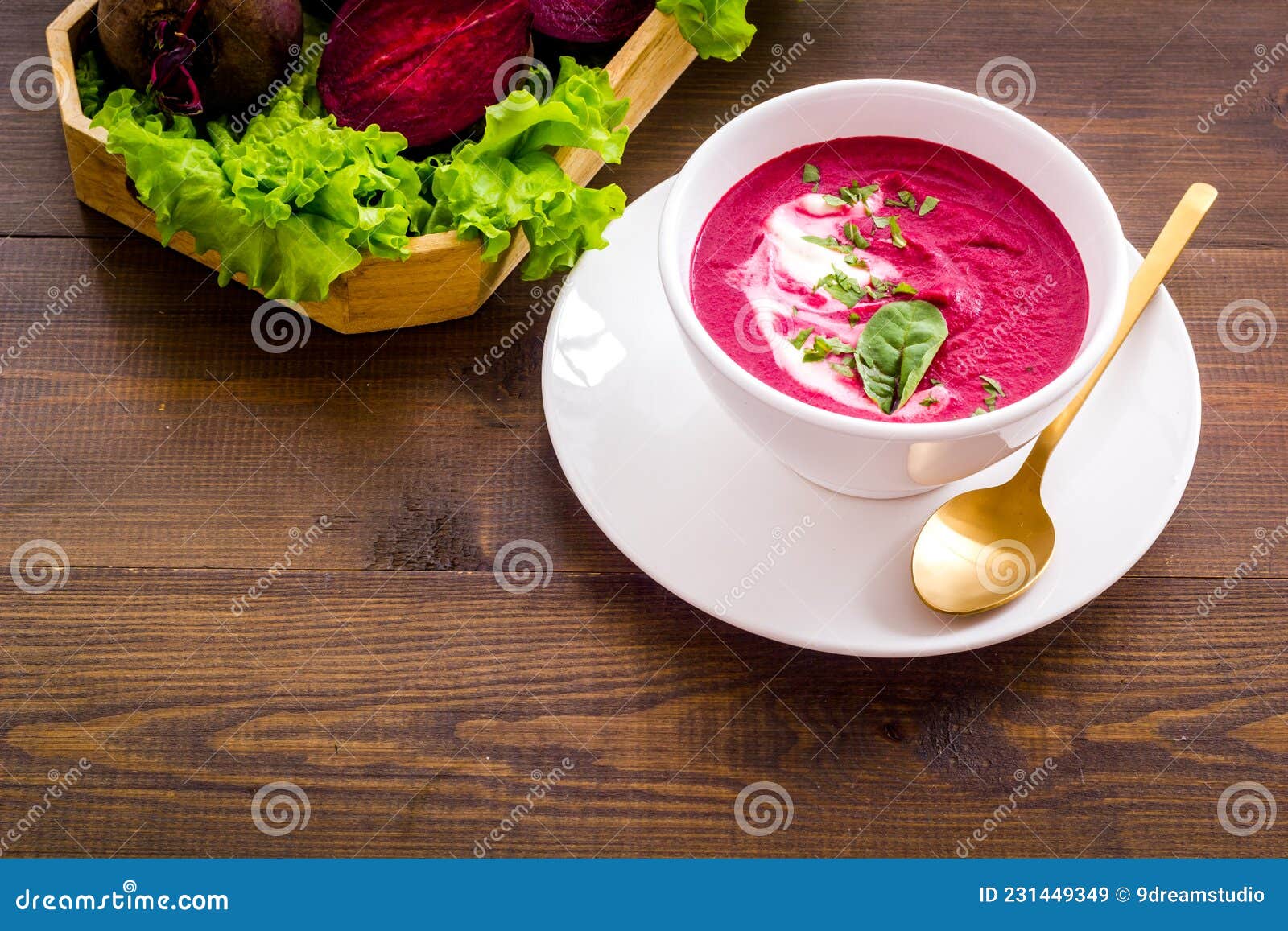 Red Vegetarian Beet Root Soup with Sour Cream and Raw Beets Stock Image ...
