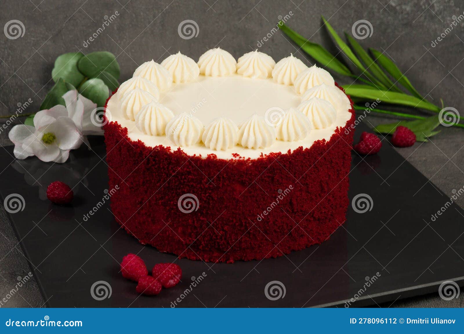 Red Velvet Cake Decorated with Raspberries on a Dark Background Stock ...