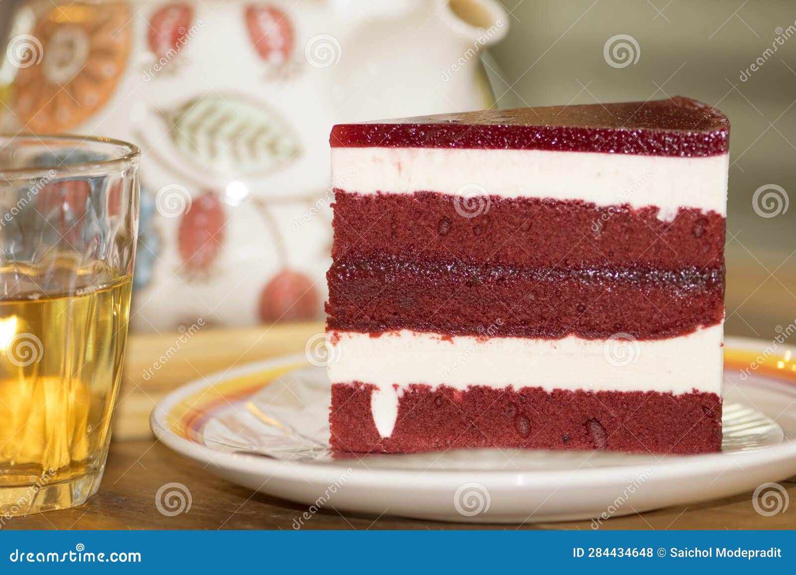 Red velvet cake with tea stock photo. Image of bakery - 284434648
