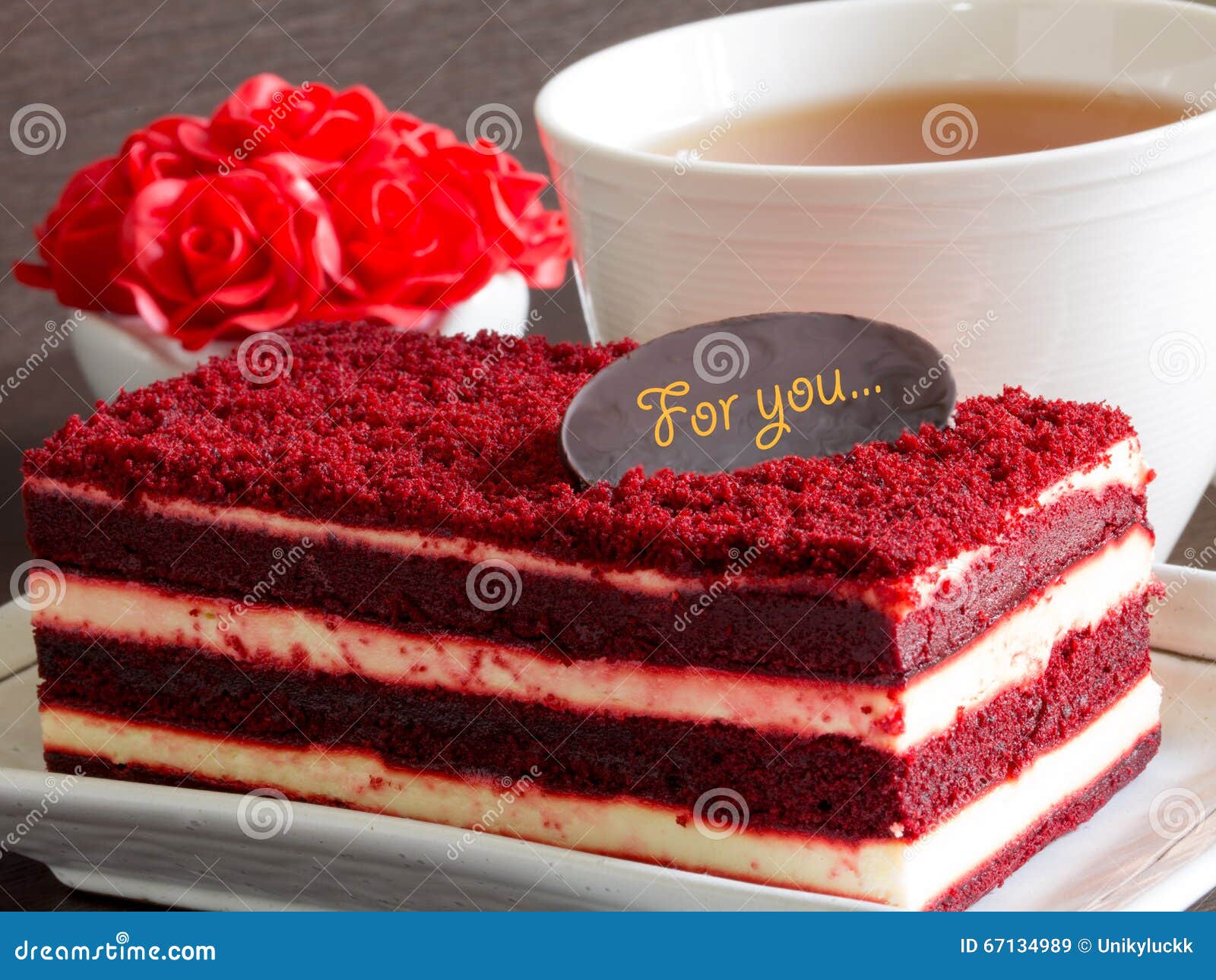 Red Velvet Cake on Wood Table and Red Roses Stock Image - Image of ...