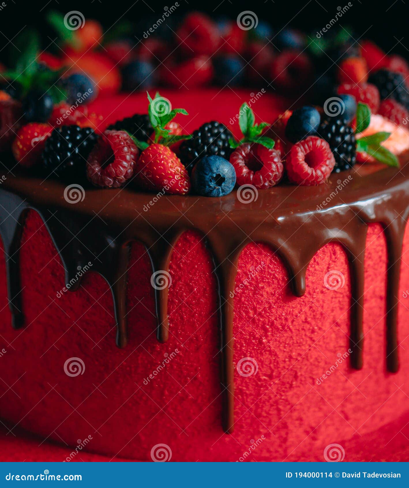 Red Velvet Summer Fruit Cake with Chocolate. Stock Photo - Image of ...