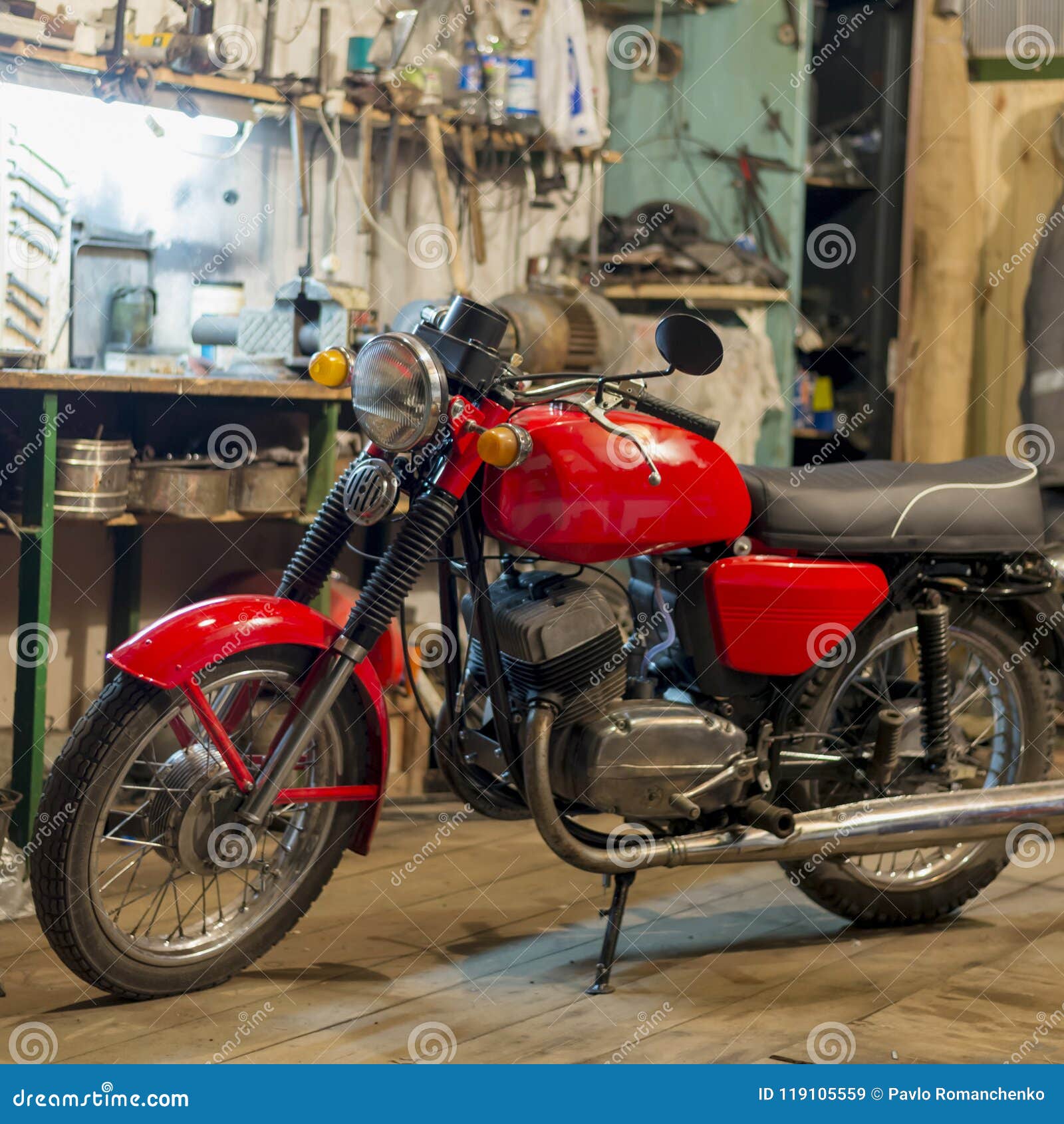 Red Vintage Motorcycle Parked in the Garage Stock Image - Image of ...