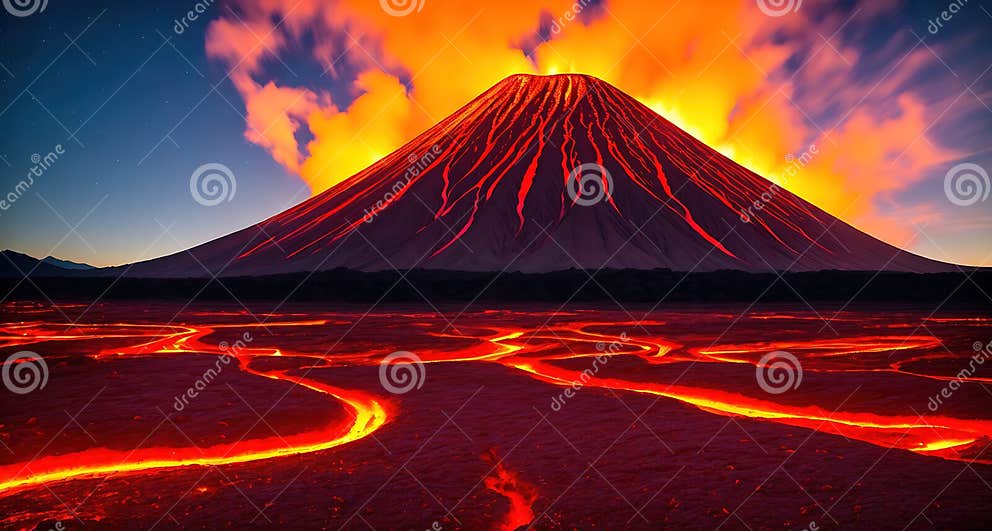 Red Volcano with Flowing Lava Stock Photo - Image of smoke, lava: 314513588